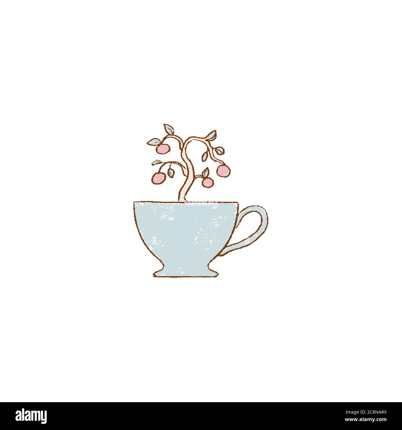blue cup with tree. tea cup with plant. hand-drawn vintage grunge style ...