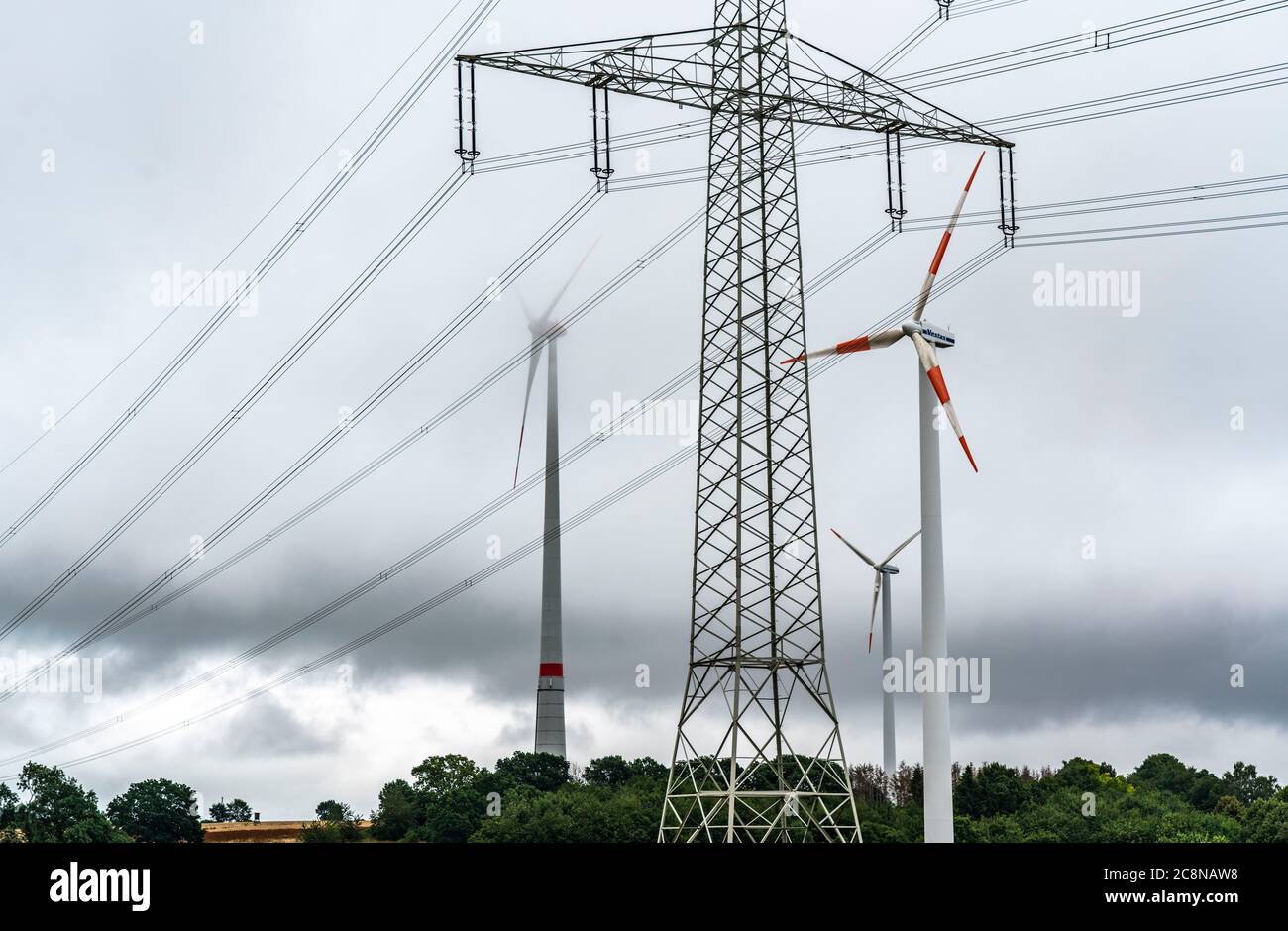 Power lines, high-voltage lines, wind power plants, grain field ...