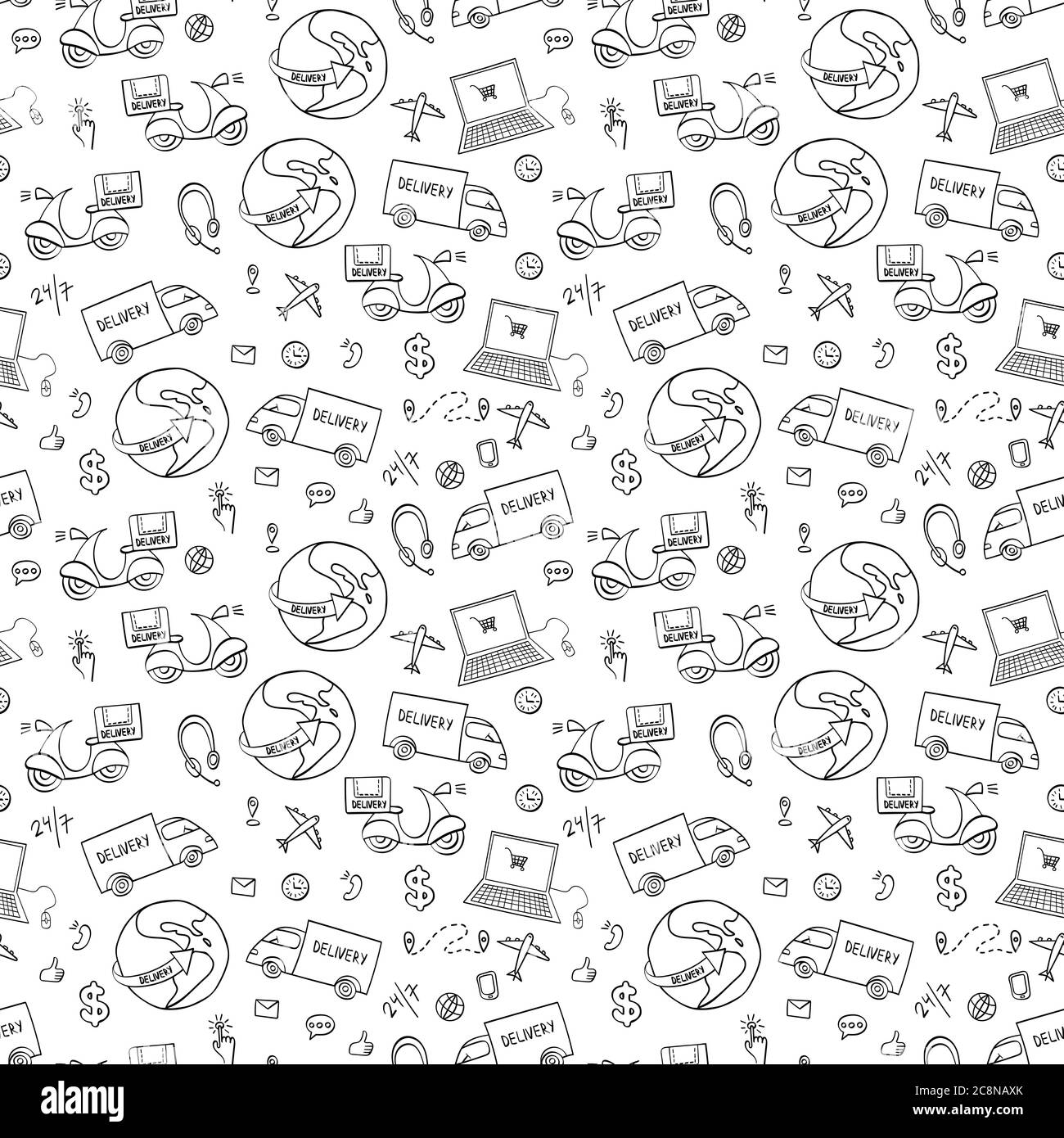 Delivery hand drawn seamless pattern. Doodle shipping elements on white ...