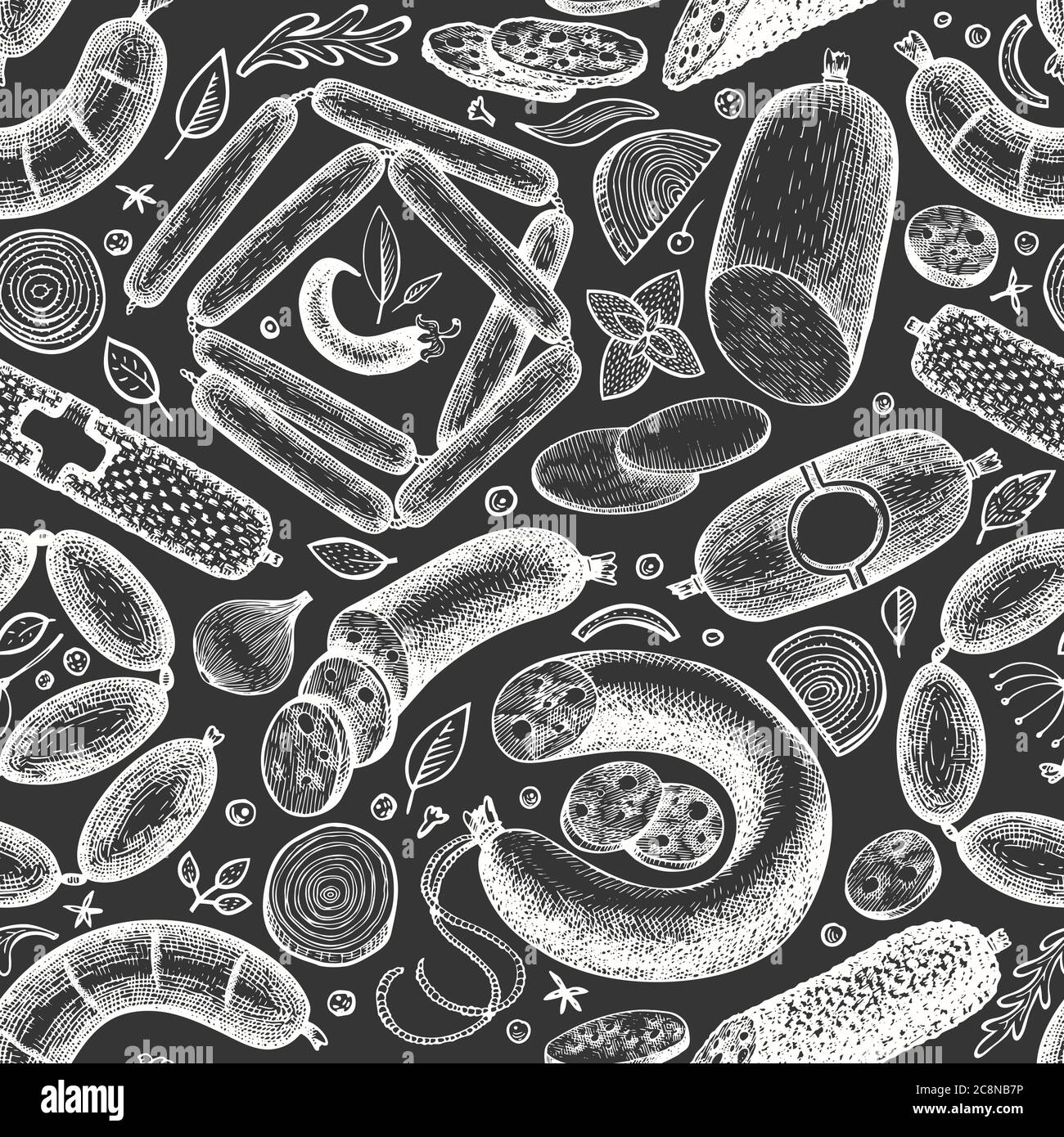 Vintage Vector Meat Products Seamless Pattern Hand Drawn Sausage