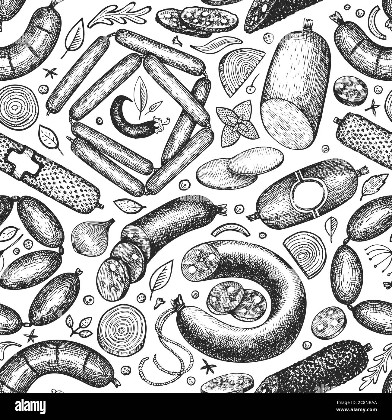 Vintage Vector Meat Products Seamless Pattern Hand Drawn Sausage