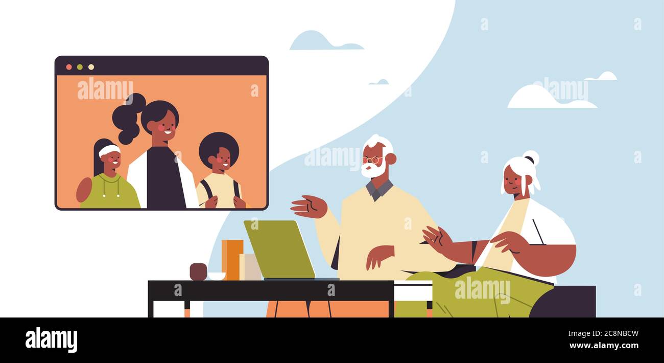 woman with child having virtual meeting with grandparents during video ...