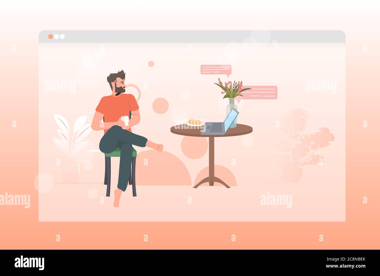 man using laptop remote work quarantine isolation chat bubble ...