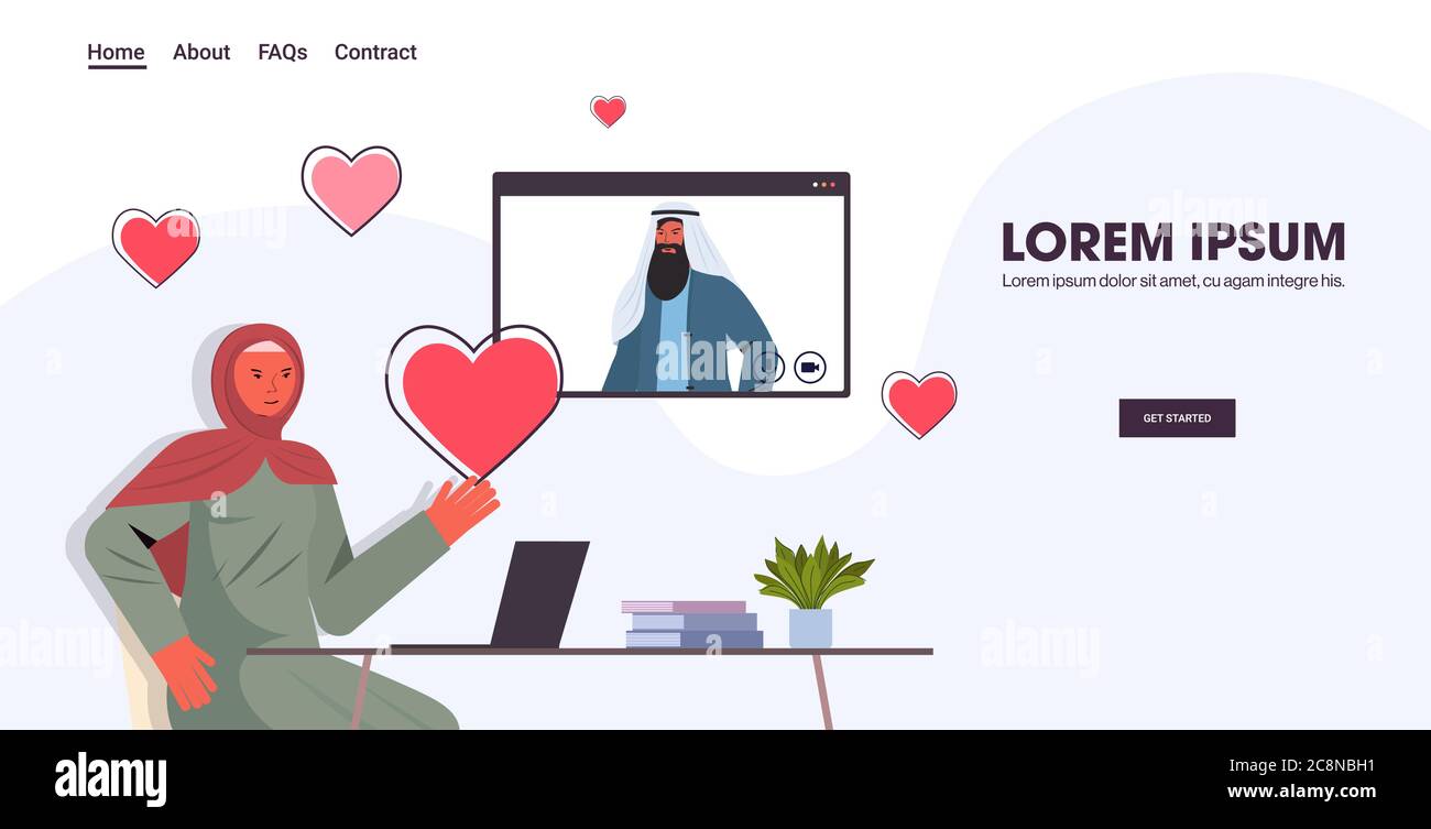 arab woman using laptop chatting with arabic man in web browser window ...