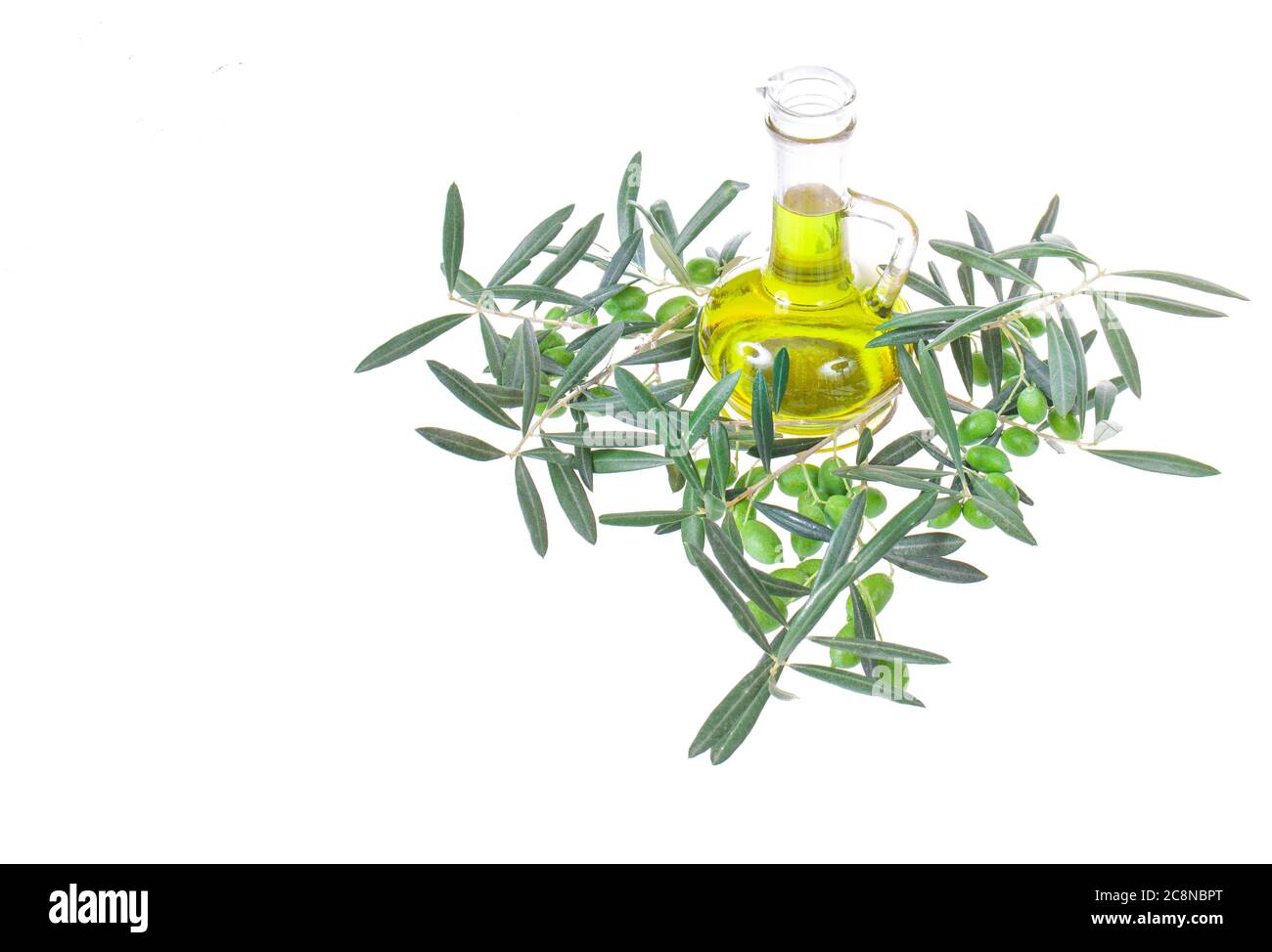 Glass bottle wtih extra virgin olive oil and olive branches. Olive tree ...