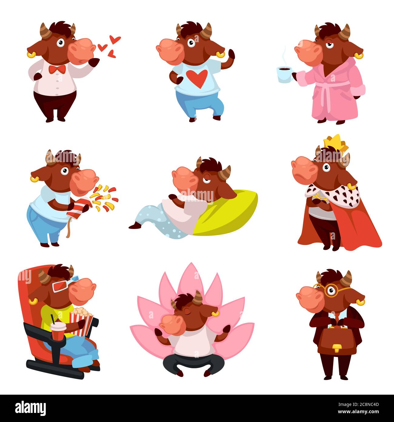 Funny bull character emotional animal, ox mascot stickers Stock Vector ...