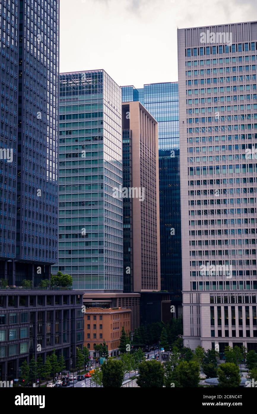 TOKYO, JAPAN - July 3, 2020 : Modern building in the financial district ...