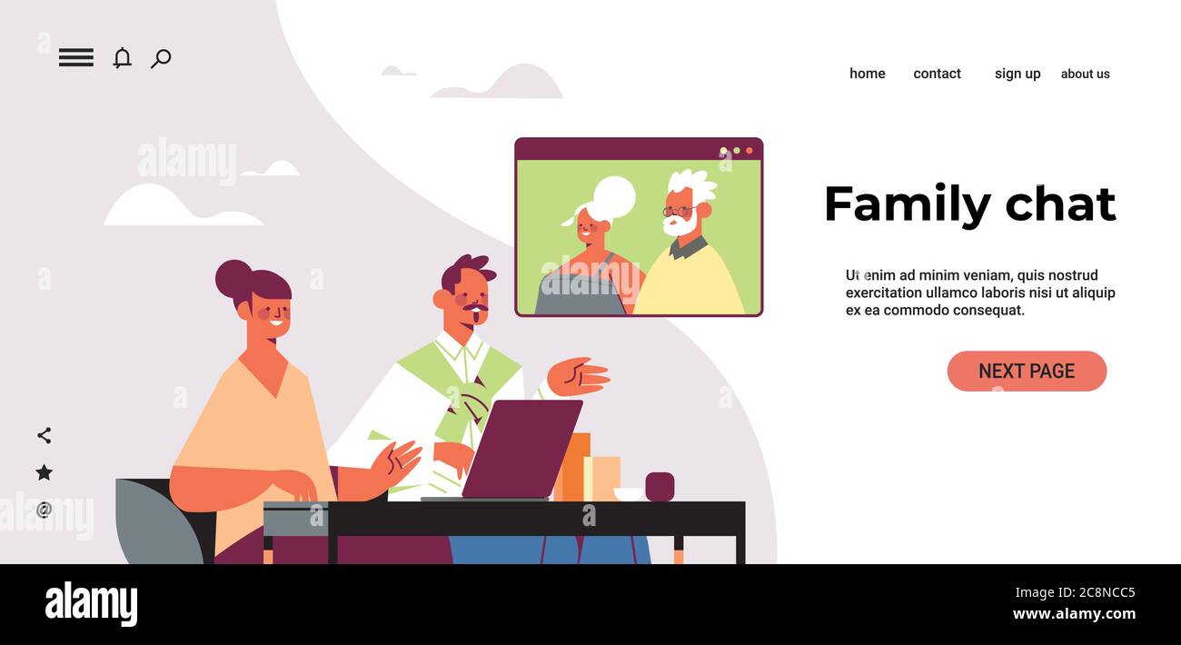 young couple having virtual meeting with grandparents during video call ...