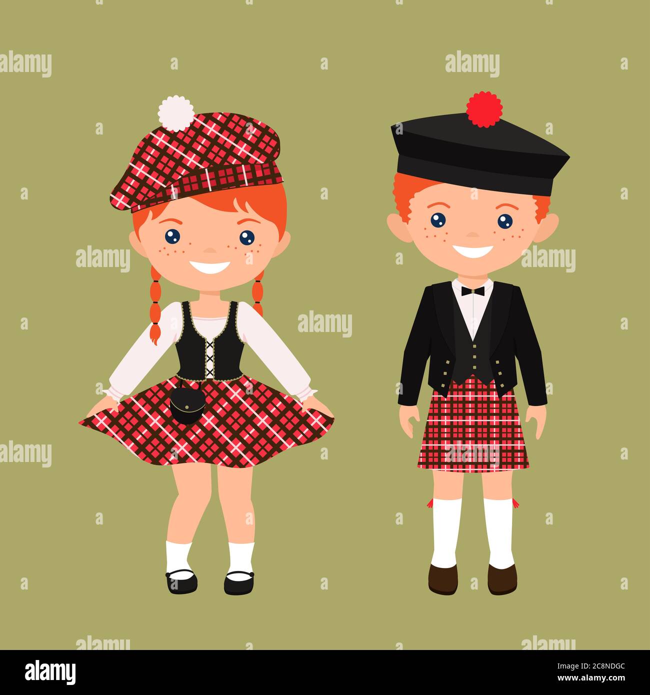 Cute chibi characters in national Scottish costume. Flat cartoon style ...