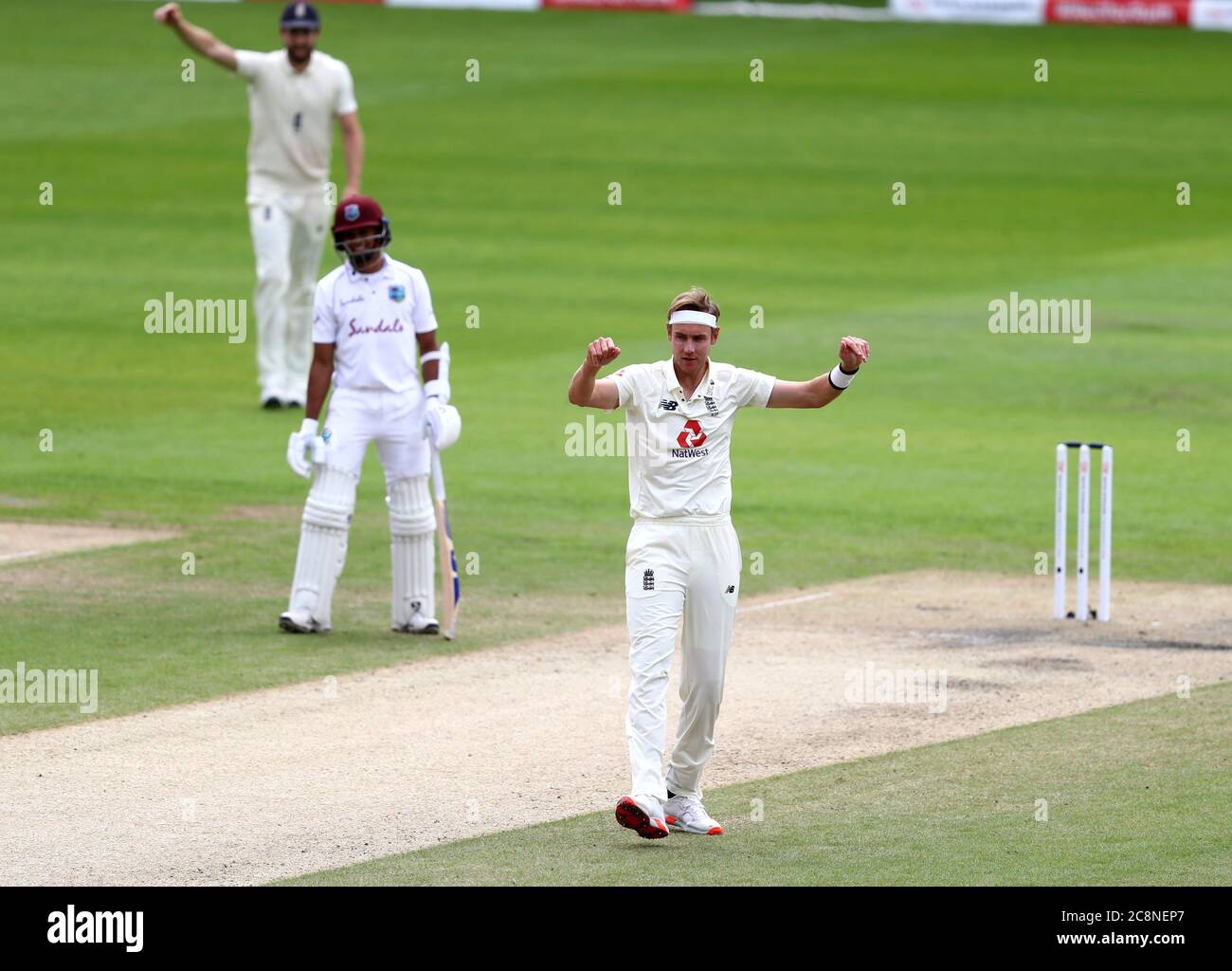 England's Stuart Broad celebrates taking the wicket of West Indies ...