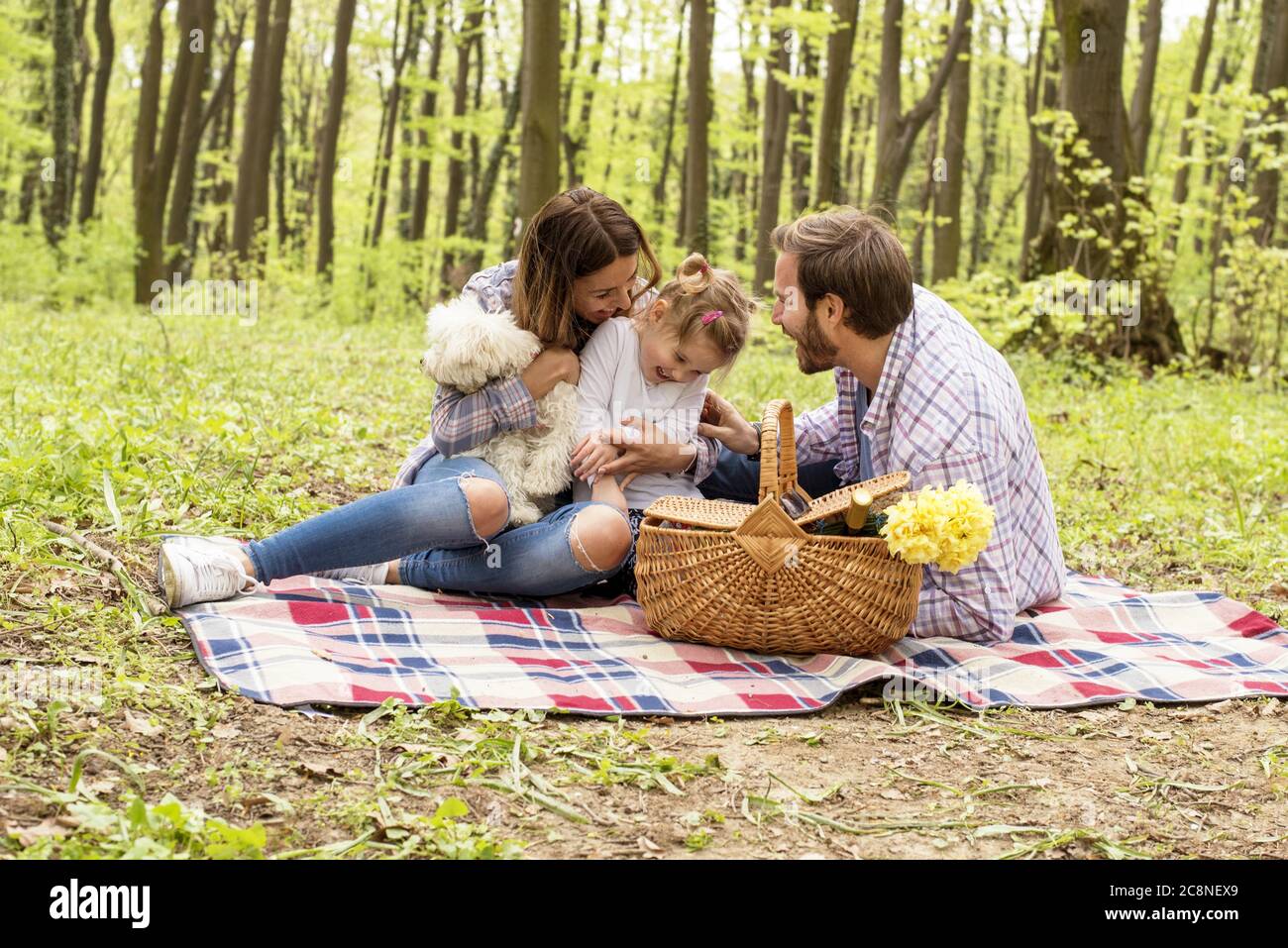 Shallow focus shot of a happy family having a picnic in a forest Stock ...