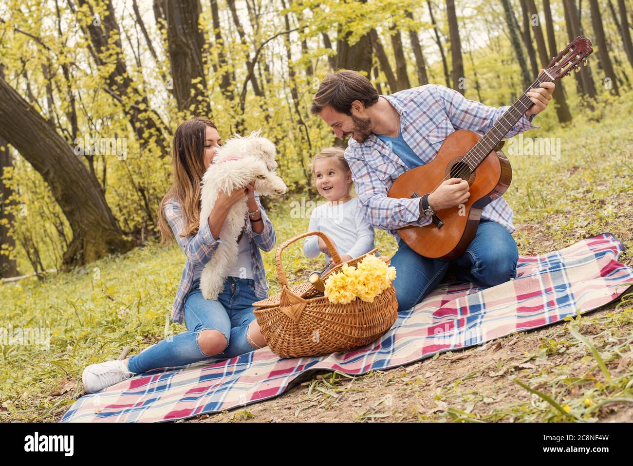 Shallow focus shot of a happy family having a picnic in a forest Stock ...