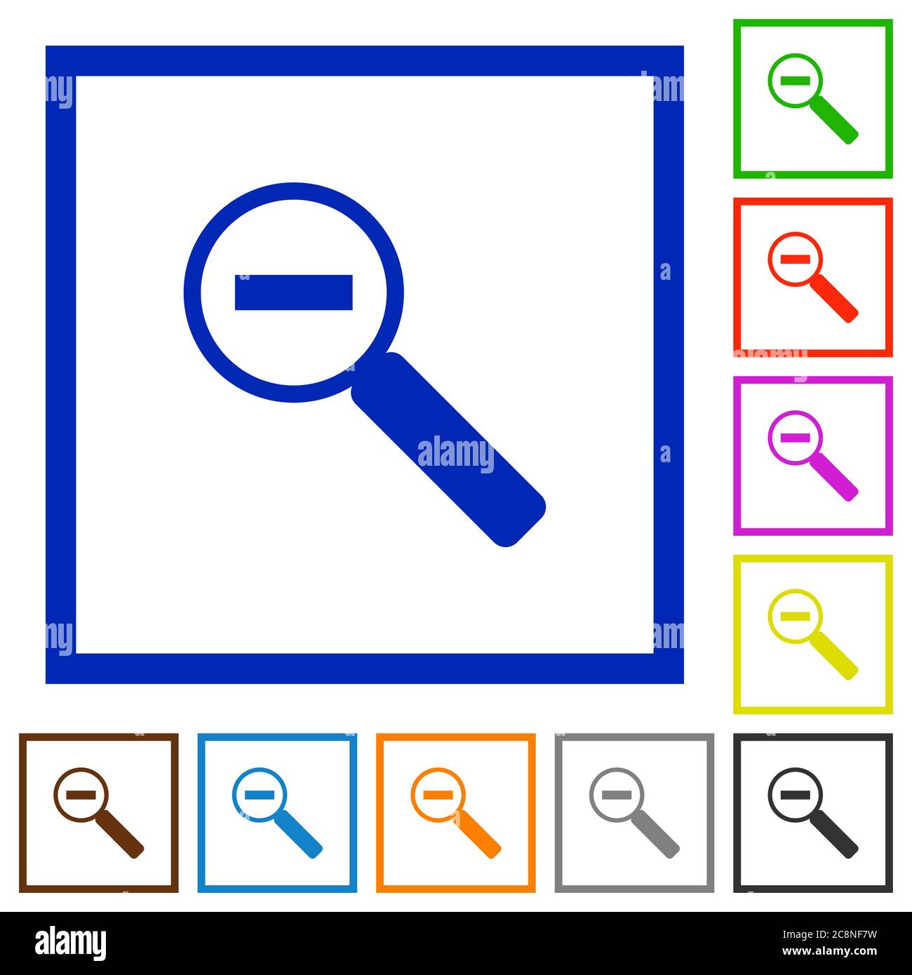 Set of color square framed Zoom out flat icons on white background ...