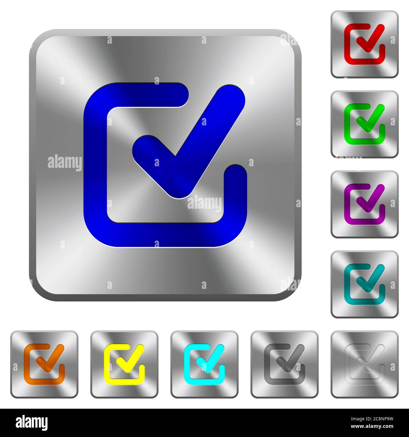 Engraved checkmark icons on rounded square steel buttons Stock Vector ...