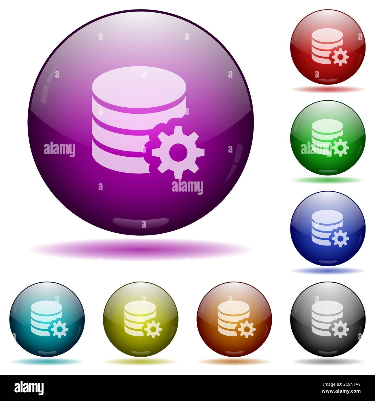 Set of color Database configuration glass sphere buttons with shadows ...