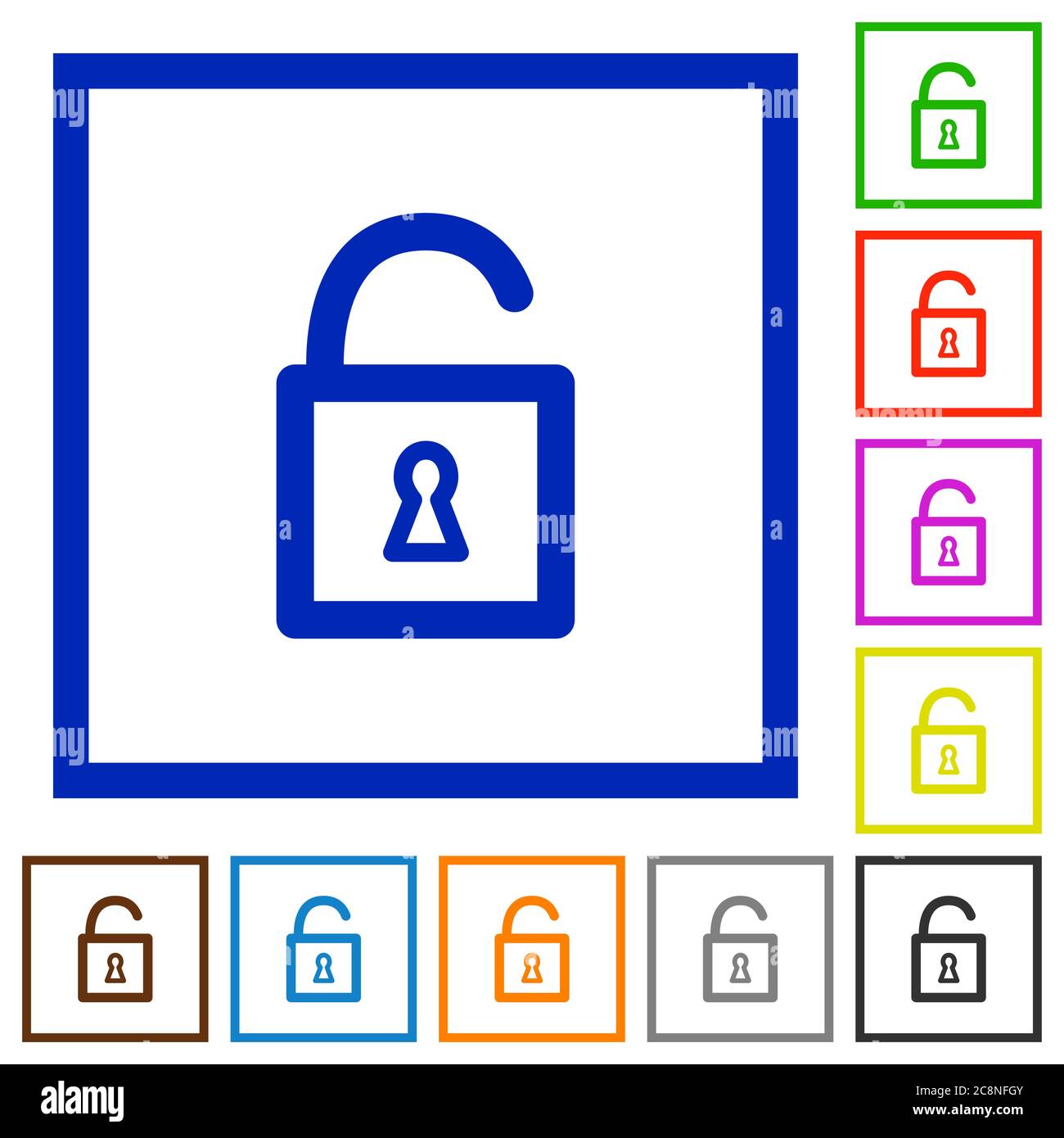 Set of color square framed unlock flat icons on white background Stock ...