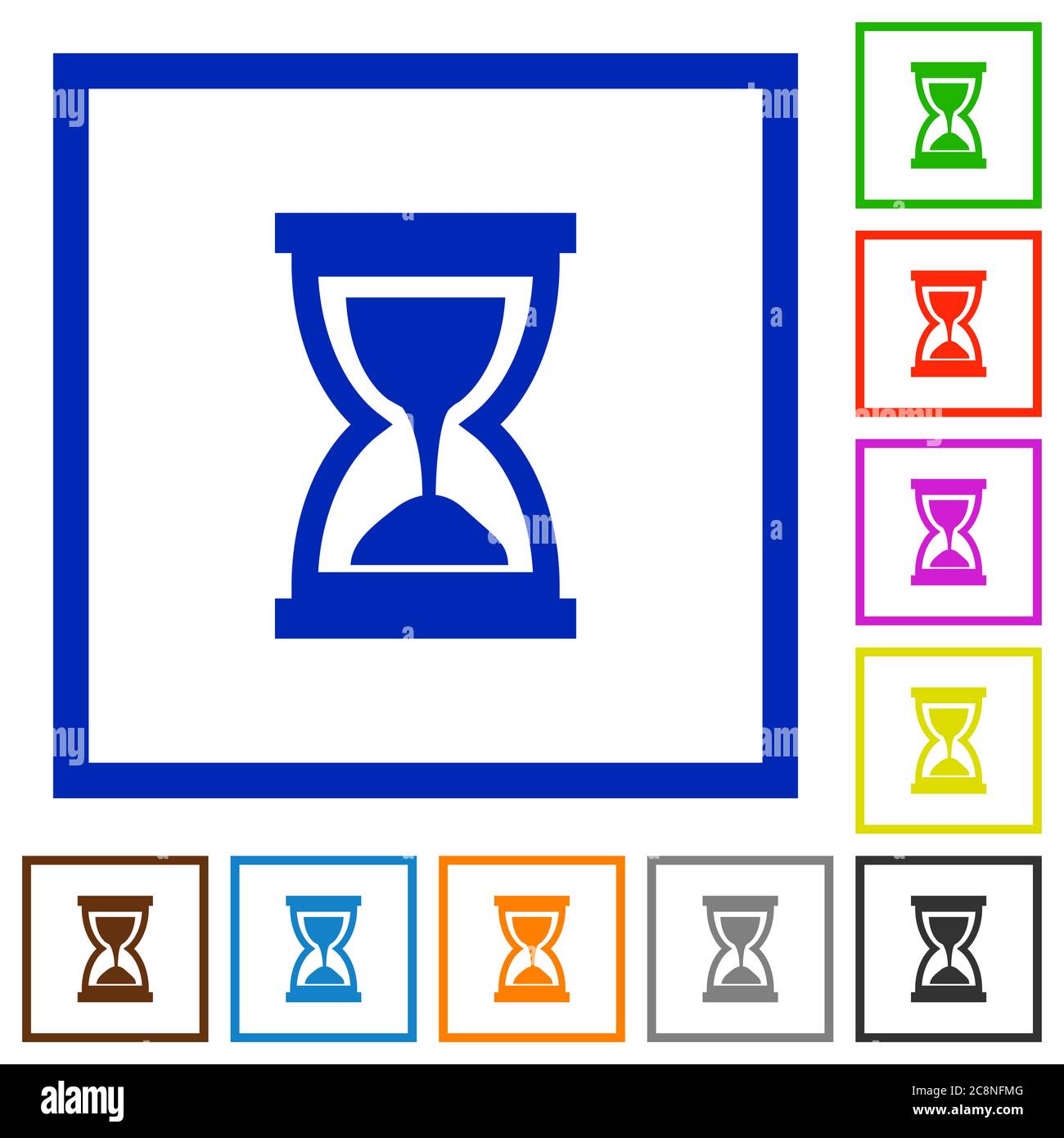 Set of color square framed hourglass flat icons on white background ...