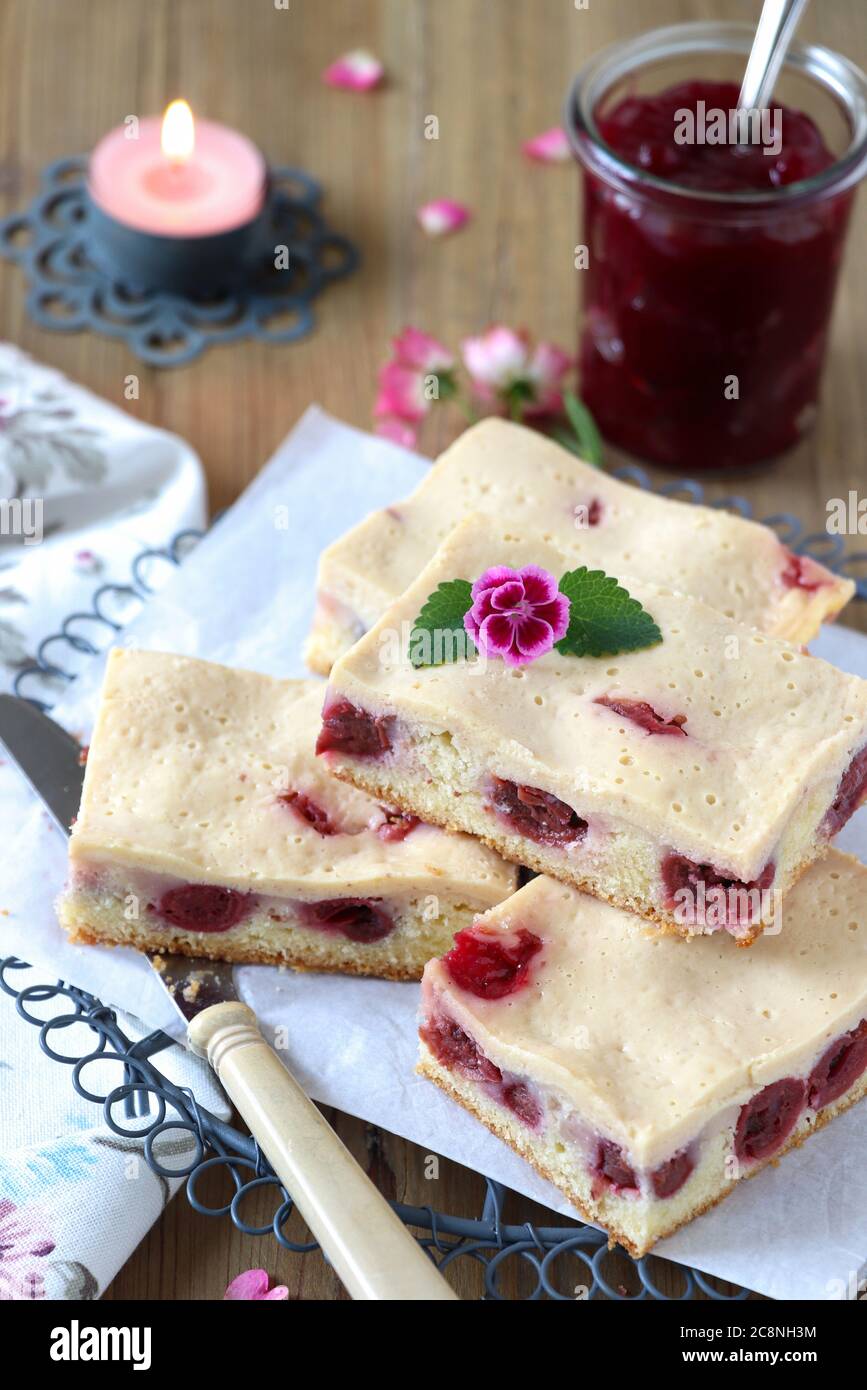 cherry cheese cake and cherry jam Stock Photo - Alamy