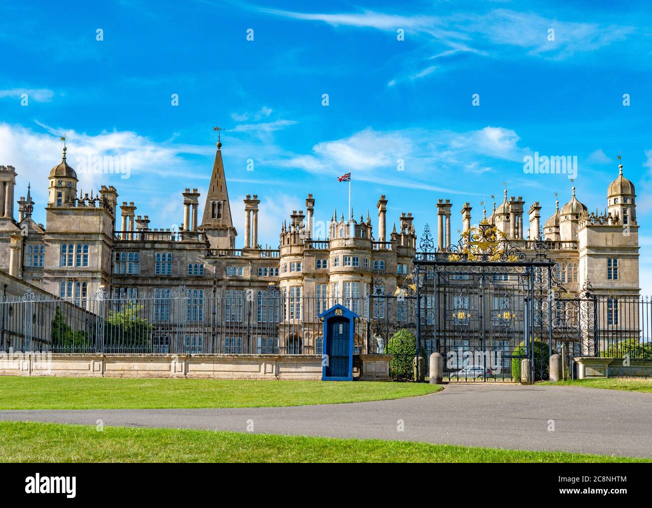 Front of historic Burghley House, in the early morning sunshine, with ...