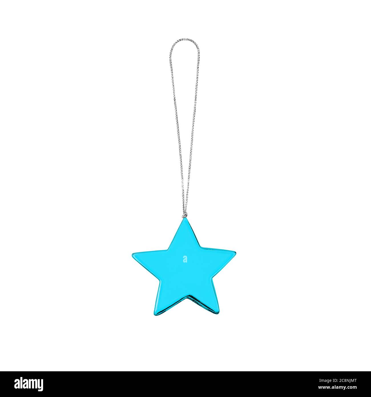 Light blue star hanging on thread on white background isolated closeup ...