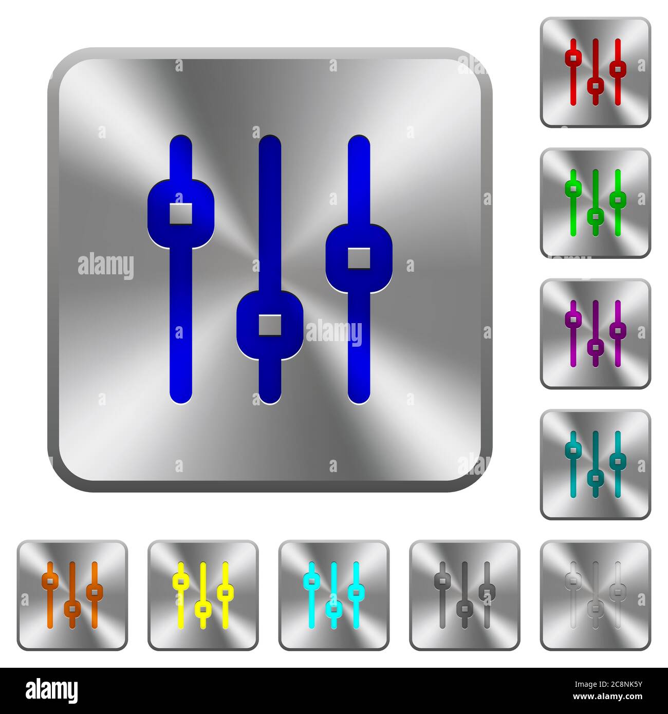 Engraved vertical adjustment icons on rounded square steel buttons ...