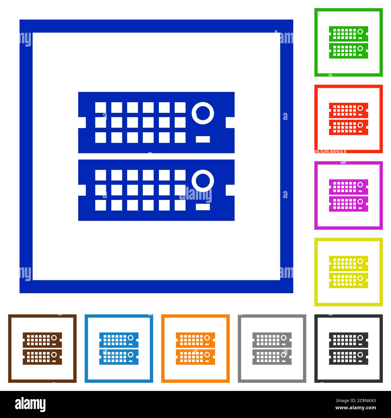 Set of color square framed rack servers flat icons on white background ...