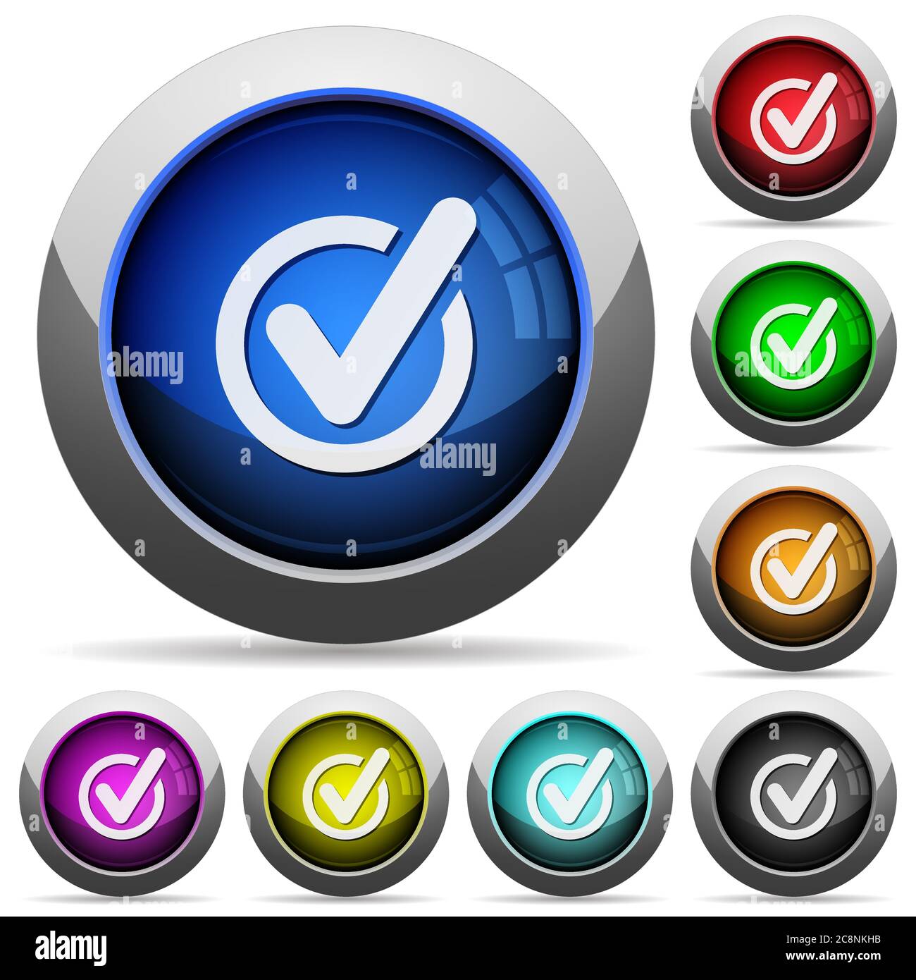 Set of round glossy checked data buttons. Arranged layer structure ...