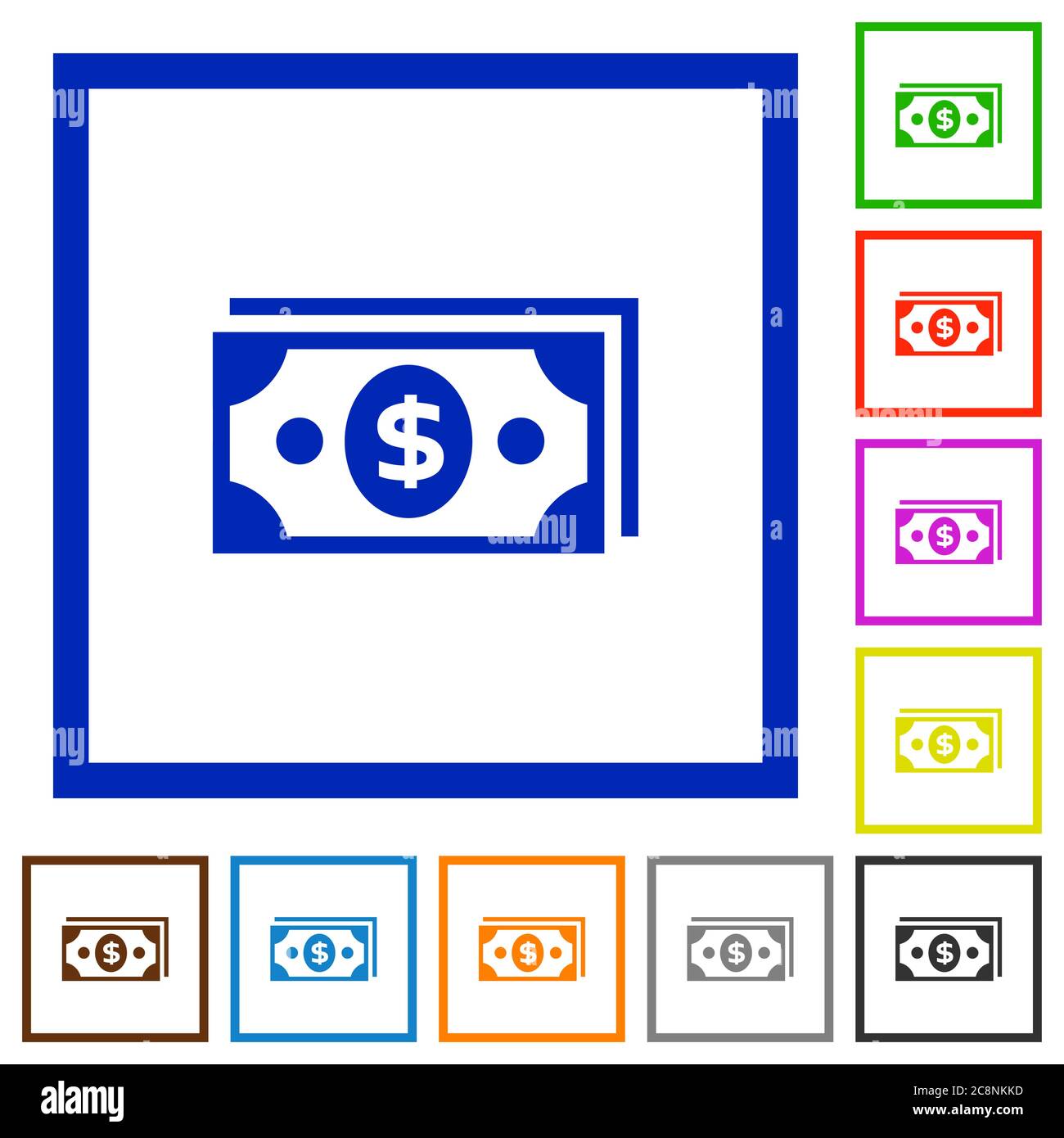 Set of color square framed Dollar banknotes flat icons on white ...