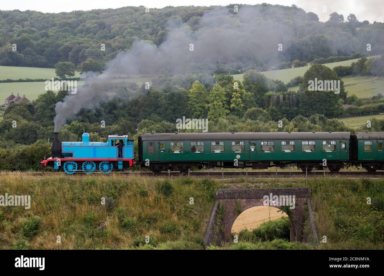 A steam tank engine pulls carriages along the Mid Hants railway, also known as the Watercress ...