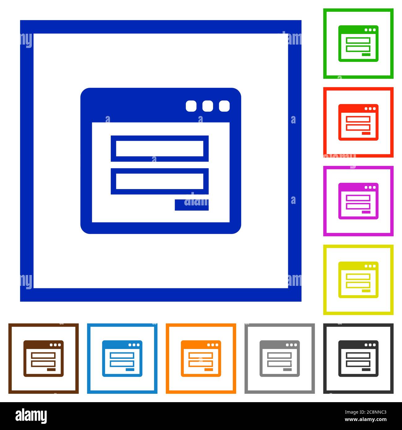 Set of color square framed login panel flat icons on white background ...