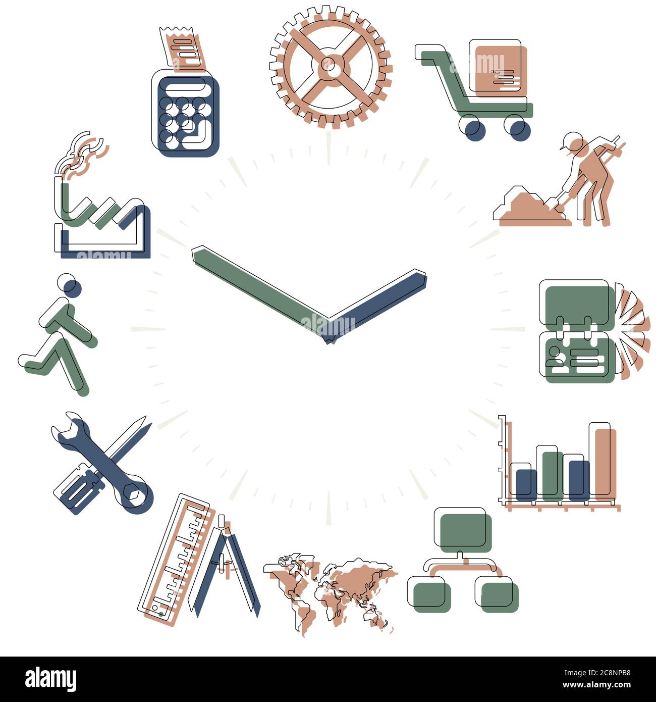Vector illustration. Working time. Activities icons in a watch sphere ...