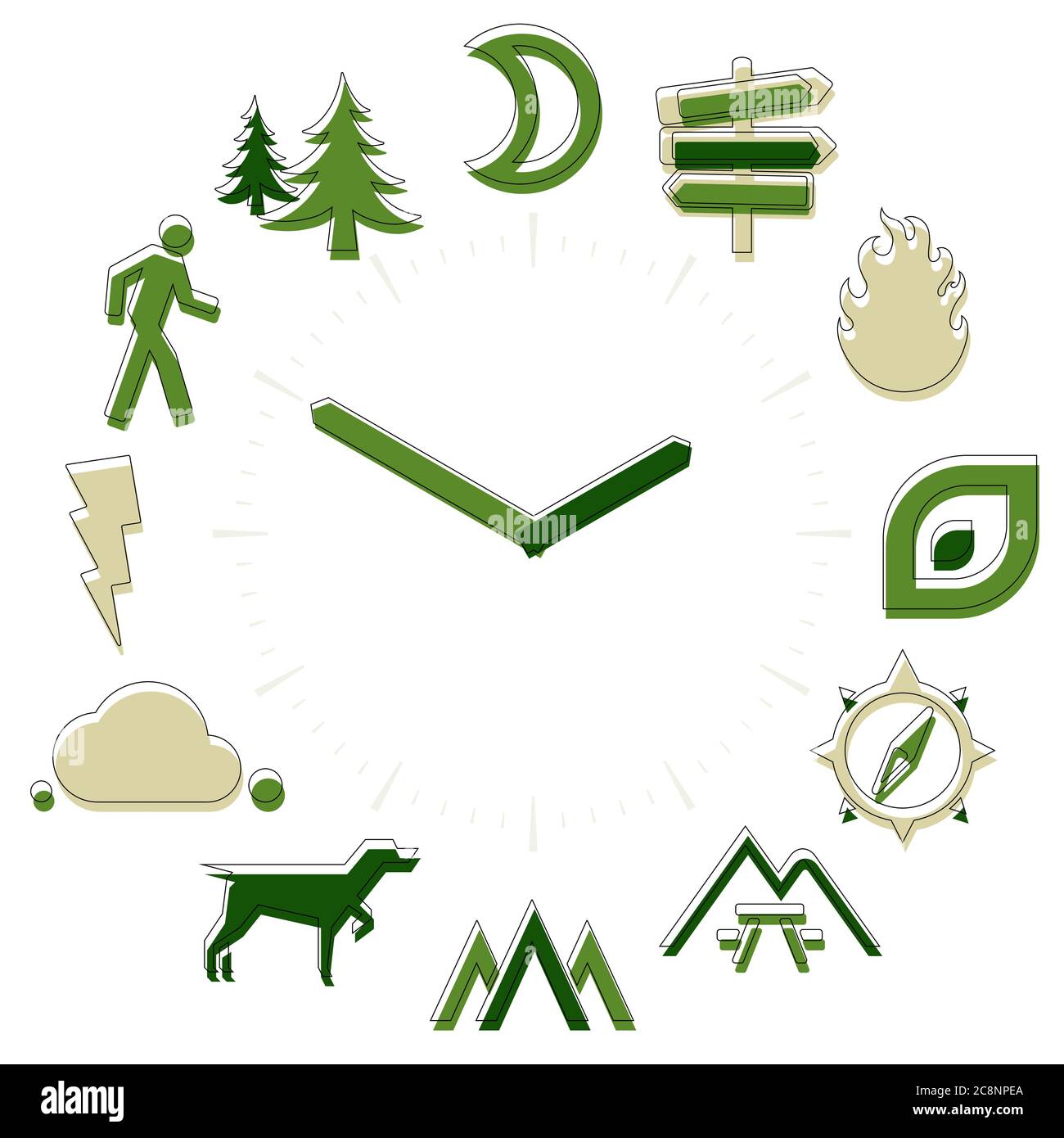 Vector illustration. Outdoor time. Activities icons in a watch sphere ...