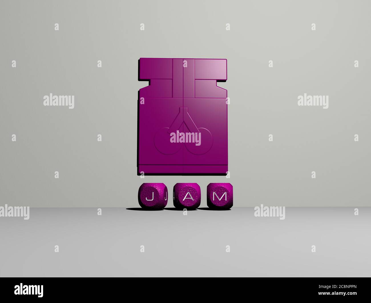 3D illustration of jam graphics and text made by metallic dice letters ...