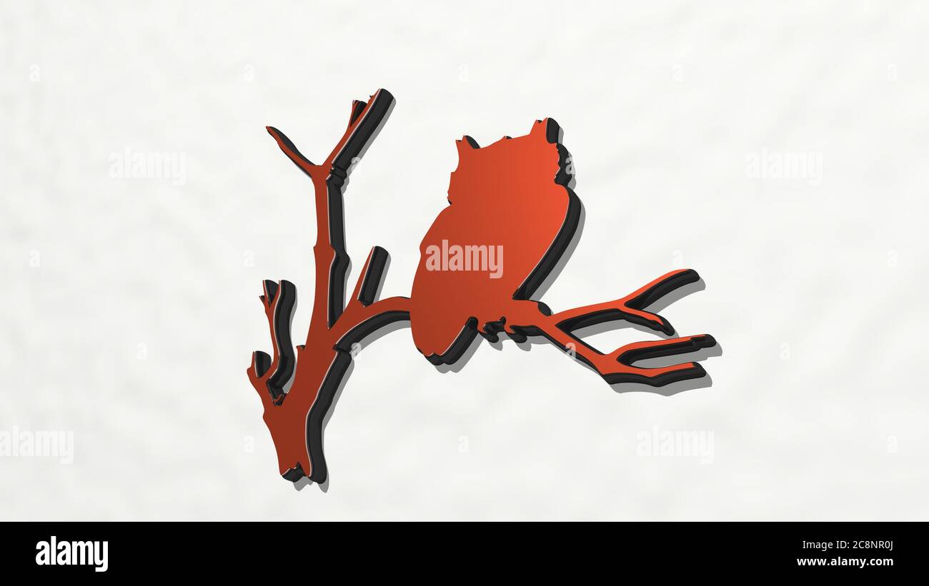 bird on the wall. 3D illustration of metallic sculpture over a white ...