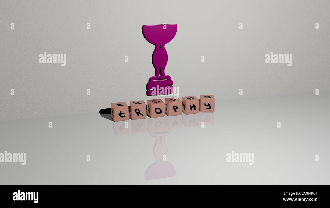 3D illustration of TROPHY graphics and text made by metallic dice ...