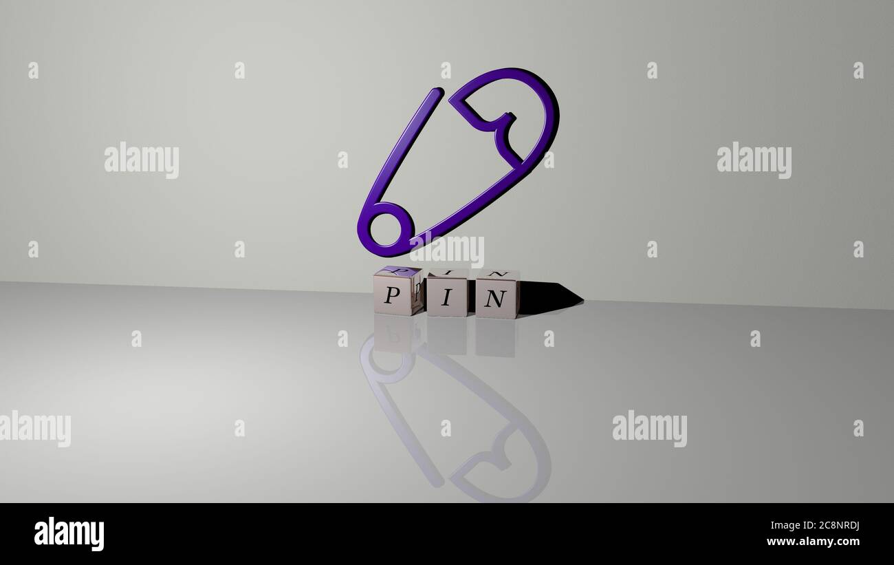 3D illustration of pin graphics and text made by metallic dice letters ...