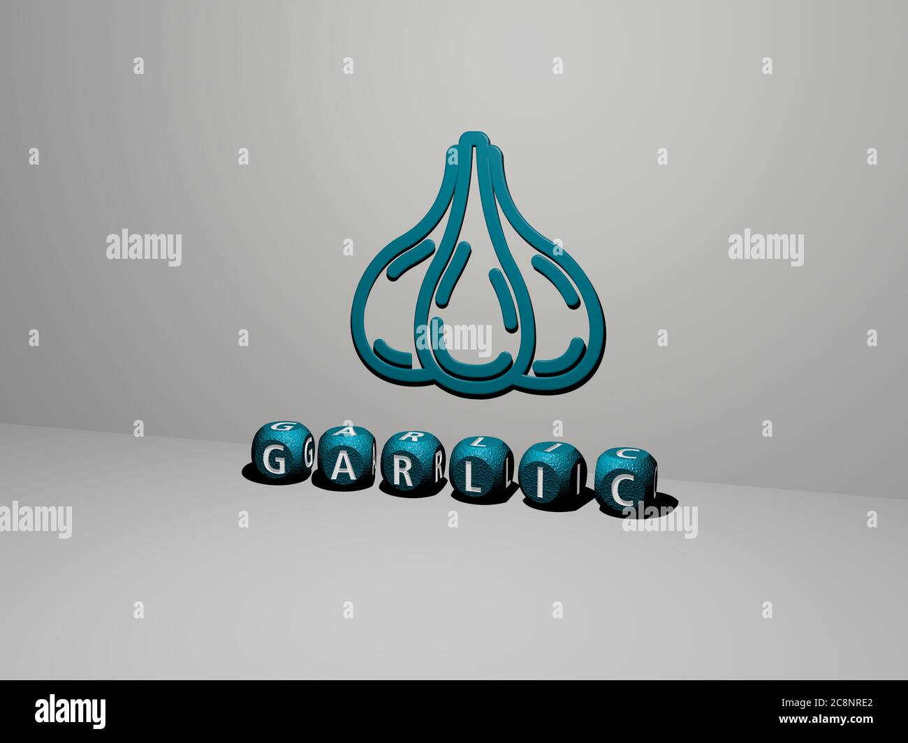 3D illustration of garlic graphics and text made by metallic dice ...