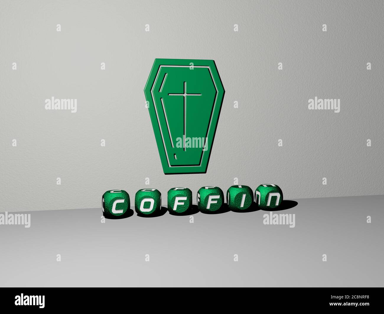 3D illustration of COFFIN graphics and text made by metallic dice ...