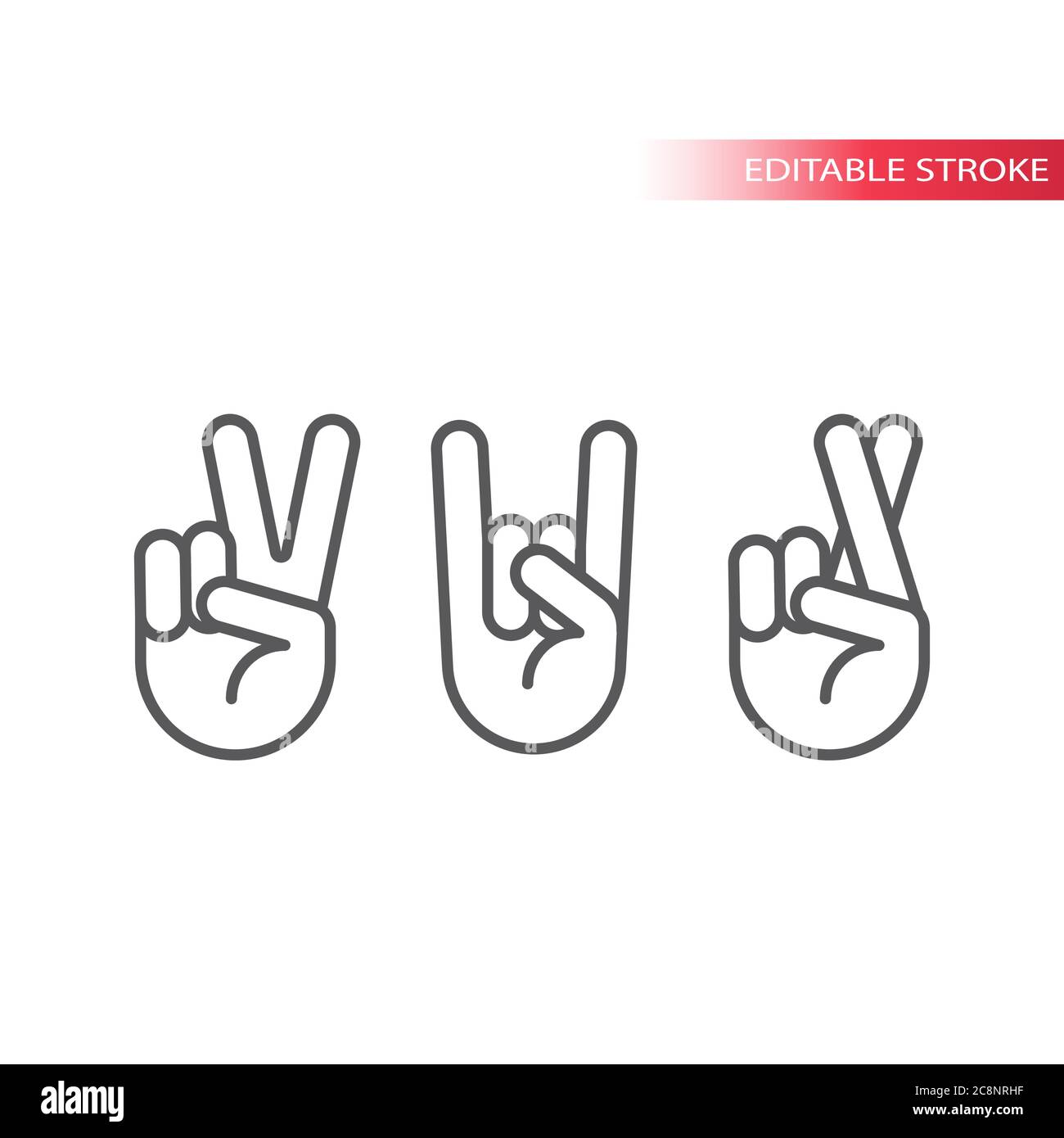 Rock, peace and fingers crossed vector icon set. Hand gestures outline symbols, editable line ...