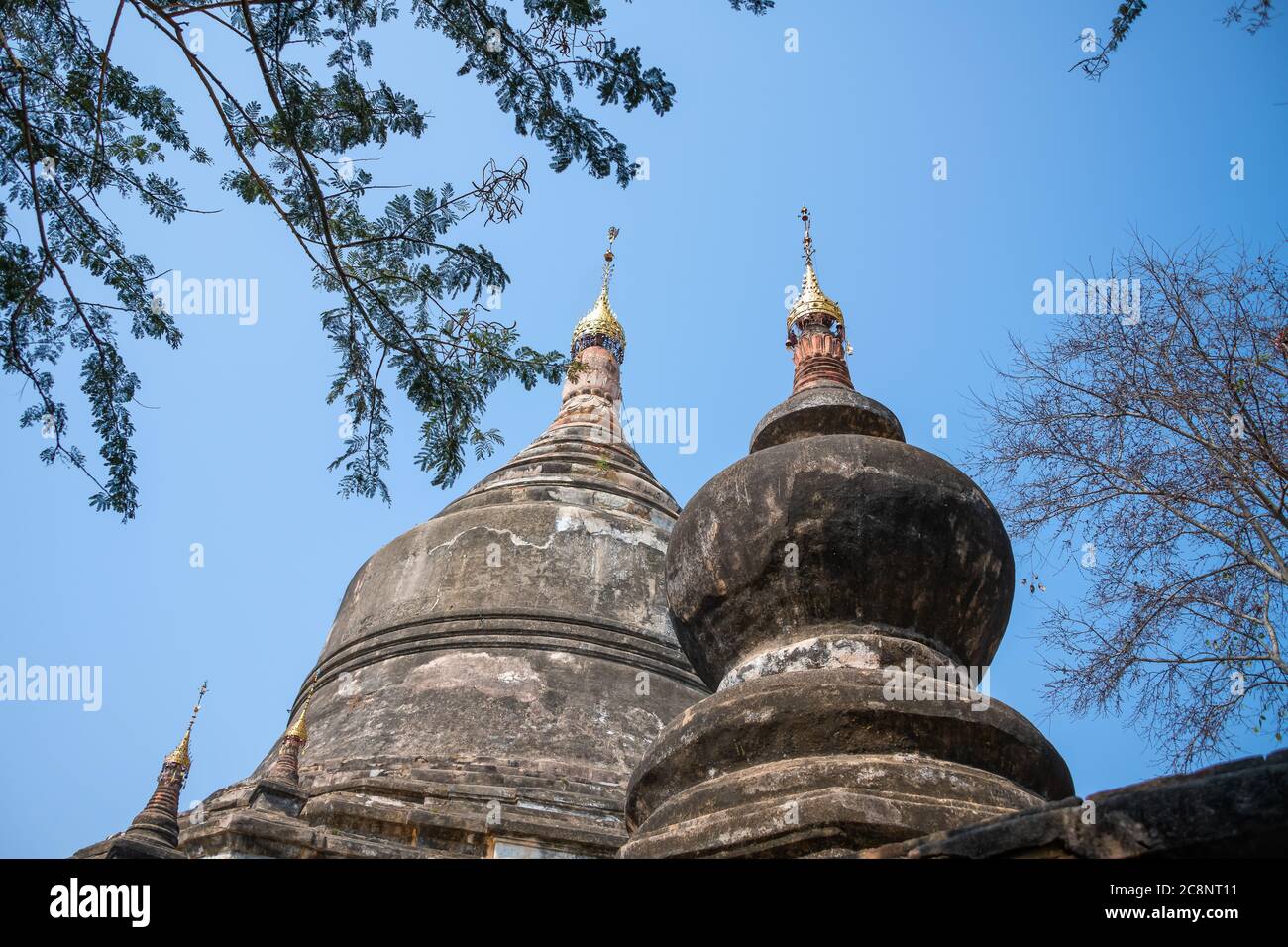 View to domes of Atwin-zigon pagoda, Bagan, Myanmar, Bell-shaped dome ...