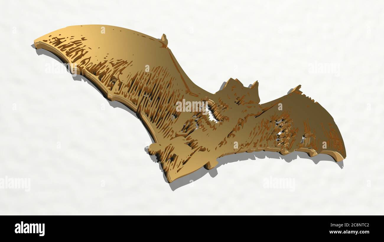 BAT on the wall. 3D illustration of metallic sculpture over a white ...