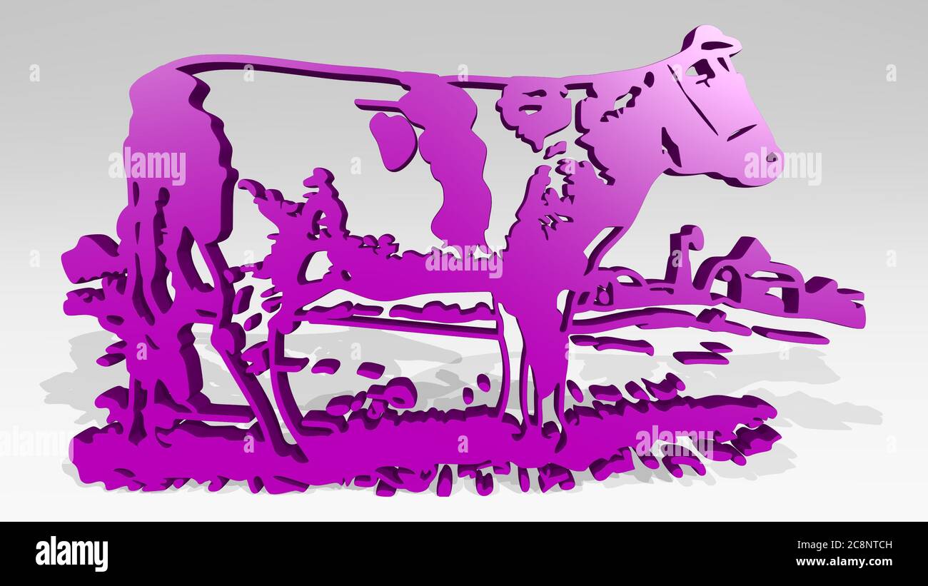 cow stand with shadow. 3D illustration of metallic sculpture over a ...