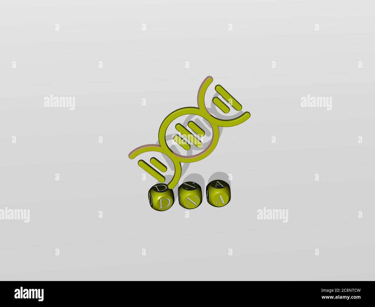 3D illustration of DNA graphics and text made by metallic dice letters ...