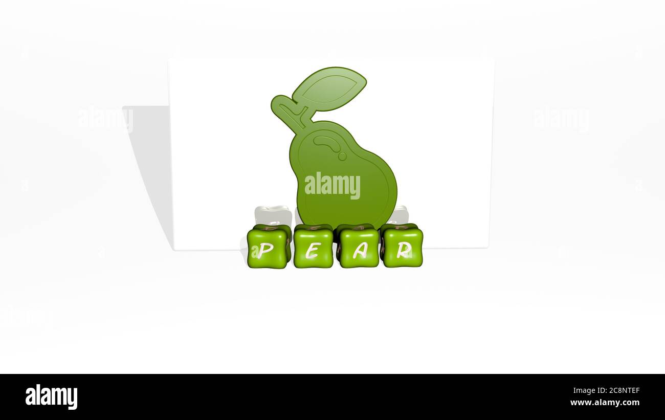 3D illustration of pear graphics and text made by metallic dice letters ...