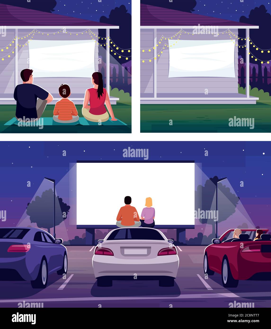 Weekend movie night semi flat vector illustration set. Couple on drive ...