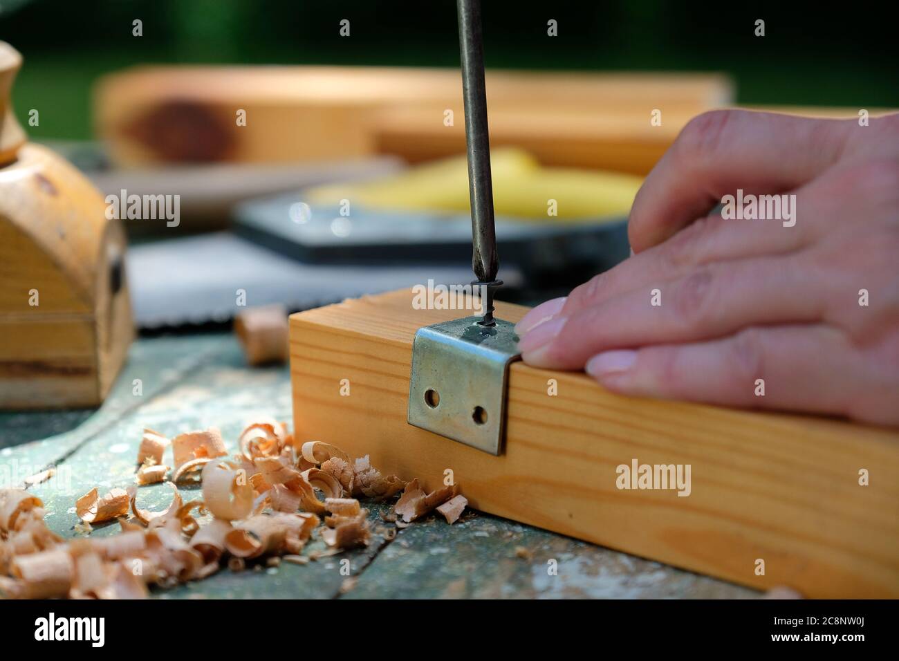 DIY woman repairing furniture at home, mounting metal bracket on wooden ...