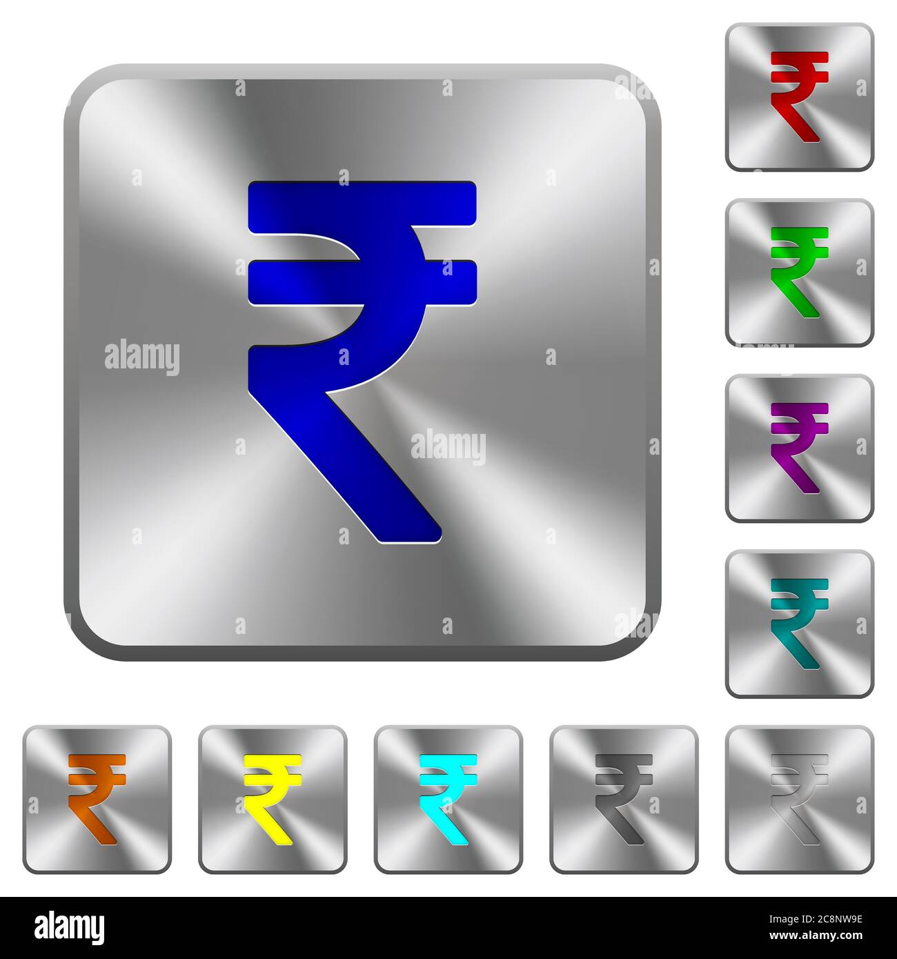 Engraved indian rupee sign icons on rounded square steel buttons Stock ...