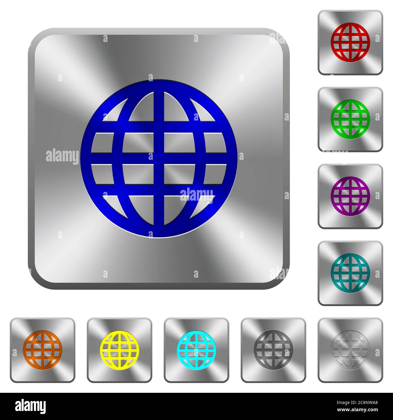 Engraved globe icons on rounded square steel buttons Stock Vector Image ...