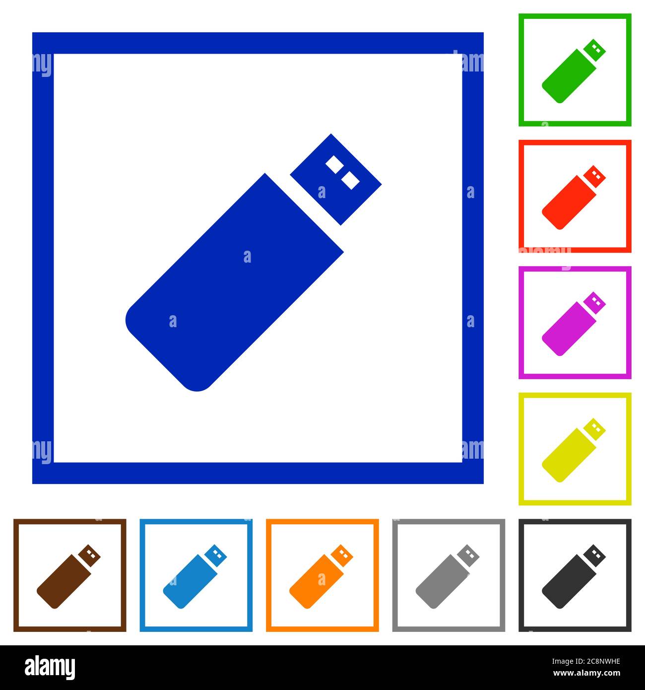 Set of color square framed pendrive flat icons on white background ...