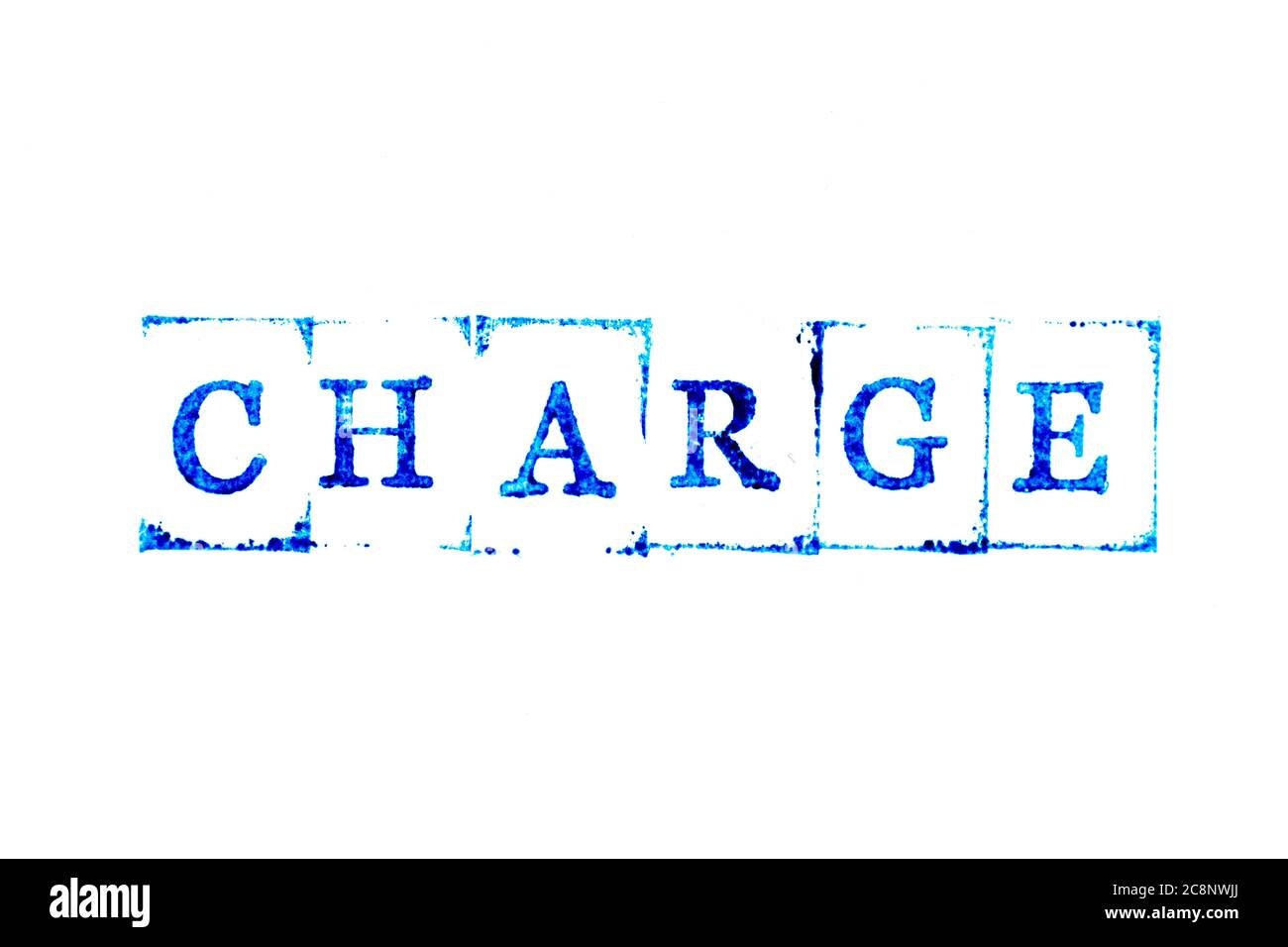Blue color ink of rubber stamp in word charge on white paper background ...